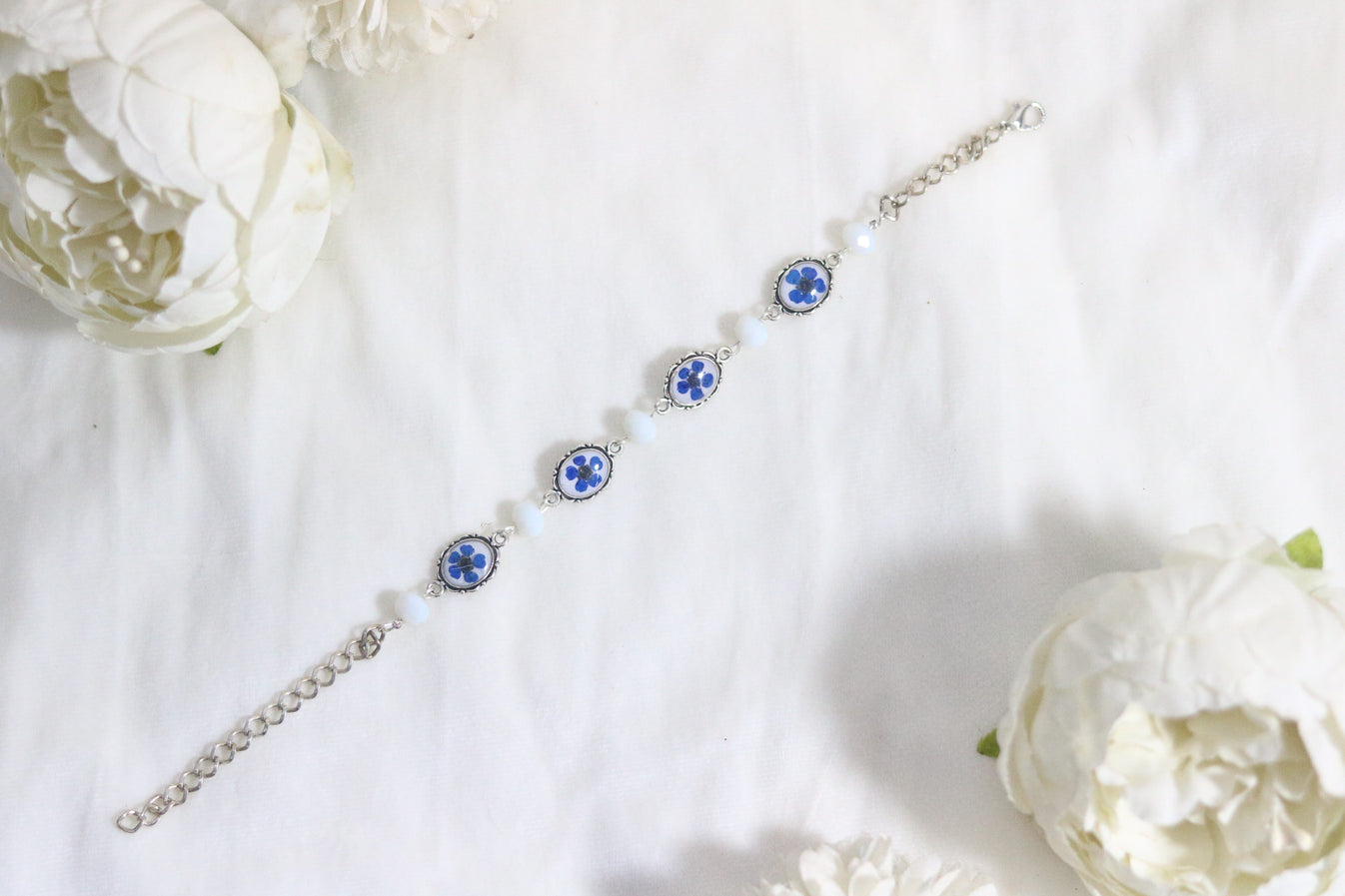 "Elegant Blue Flower Bracelet with Silver Chain & White Glass Beads ...