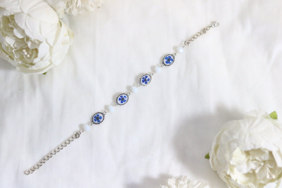 "Elegant Blue Flower Bracelet with Silver Chain & White Glass Beads ...