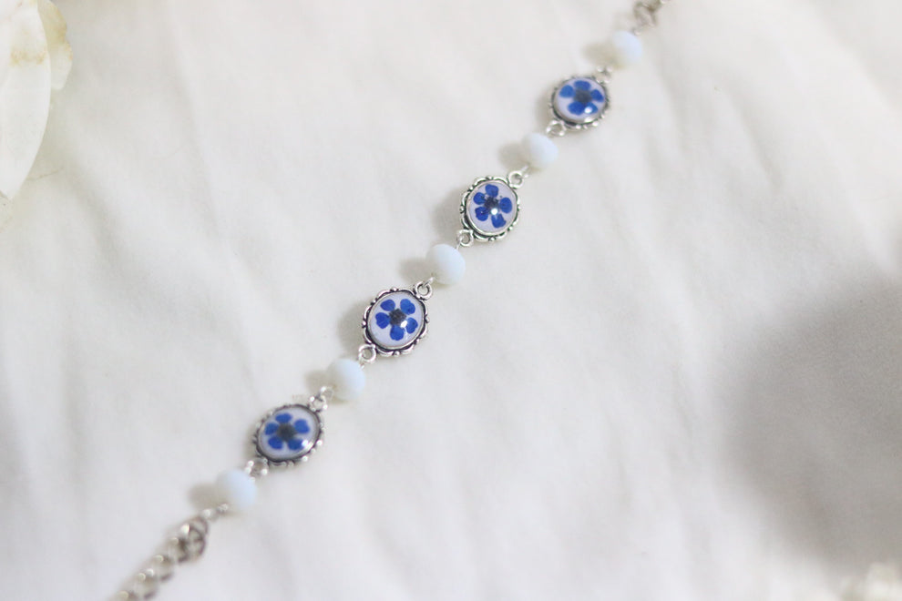 "Elegant Blue Flower Bracelet with Silver Chain & White Glass Beads ...