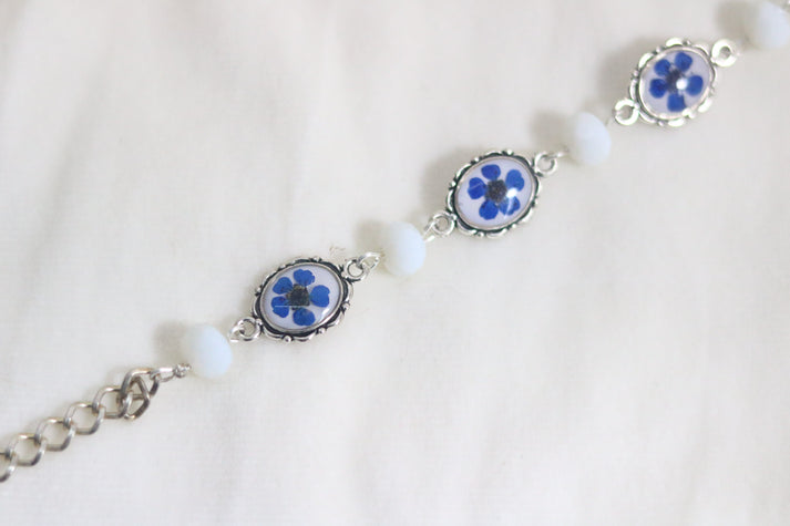 "Elegant Blue Flower Bracelet with Silver Chain & White Glass Beads ...