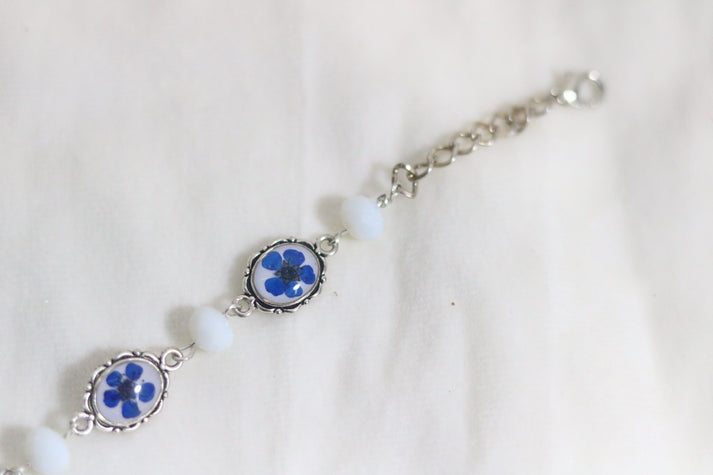 "Elegant Blue Flower Bracelet with Silver Chain & White Glass Beads ...