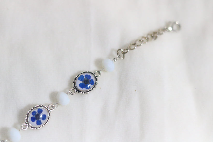 "Elegant Blue Flower Bracelet with Silver Chain & White Glass Beads ...